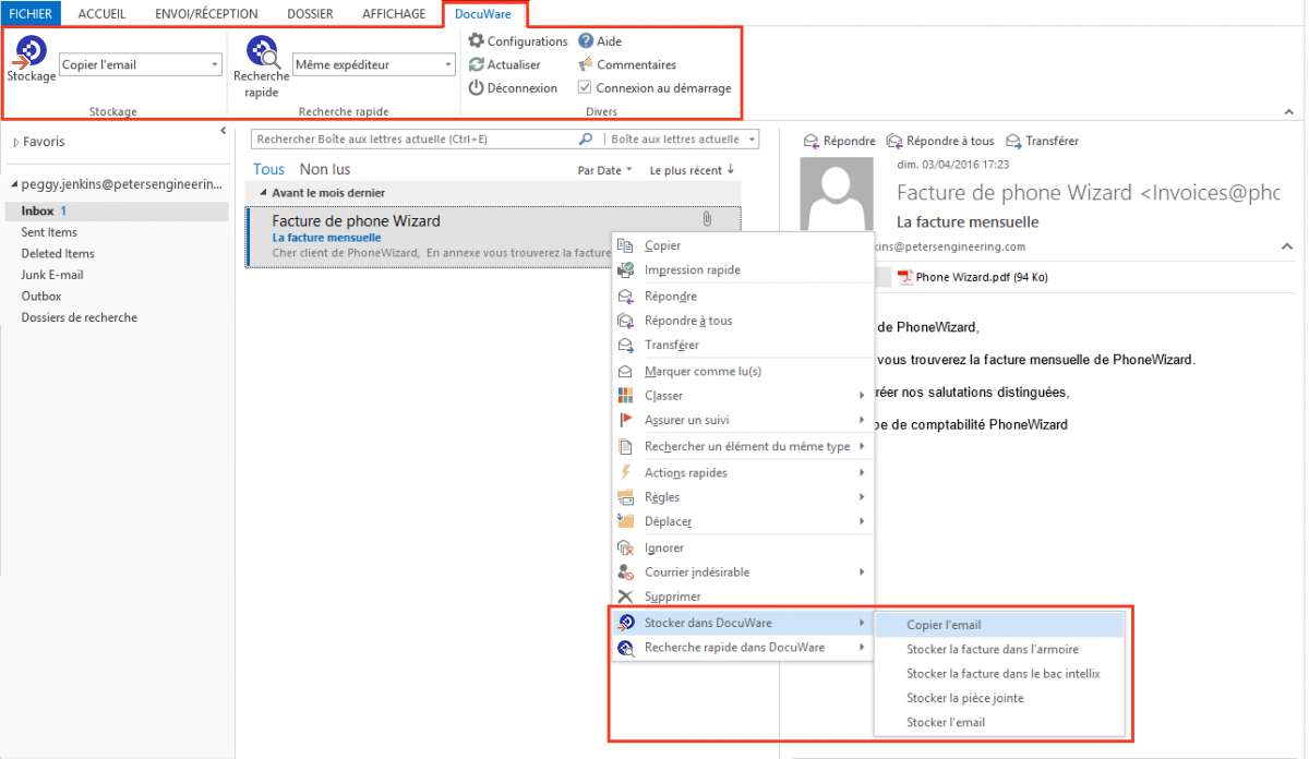 Intégration de Microsoft Outlook à la GED DocuWare Intégration de Microsoft Outlook à la GED DocuWare